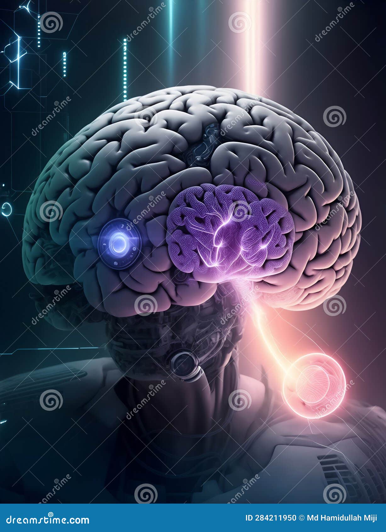 Digital Technology Human Brain with Blue Background Lighting Effects ...