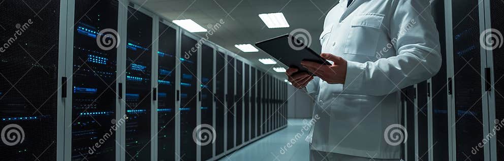 Digital Technology, Network and Cybersecurity for Data Centers with Engineer Working on a Server ...