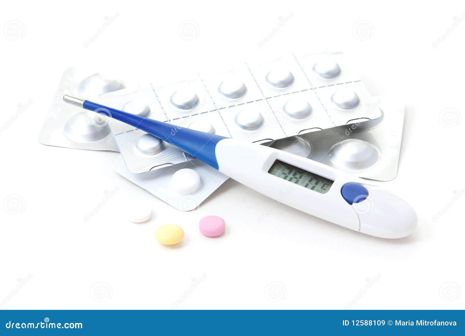Digital Thermometer and Pills with Packs Stock Image - Image of degree ...