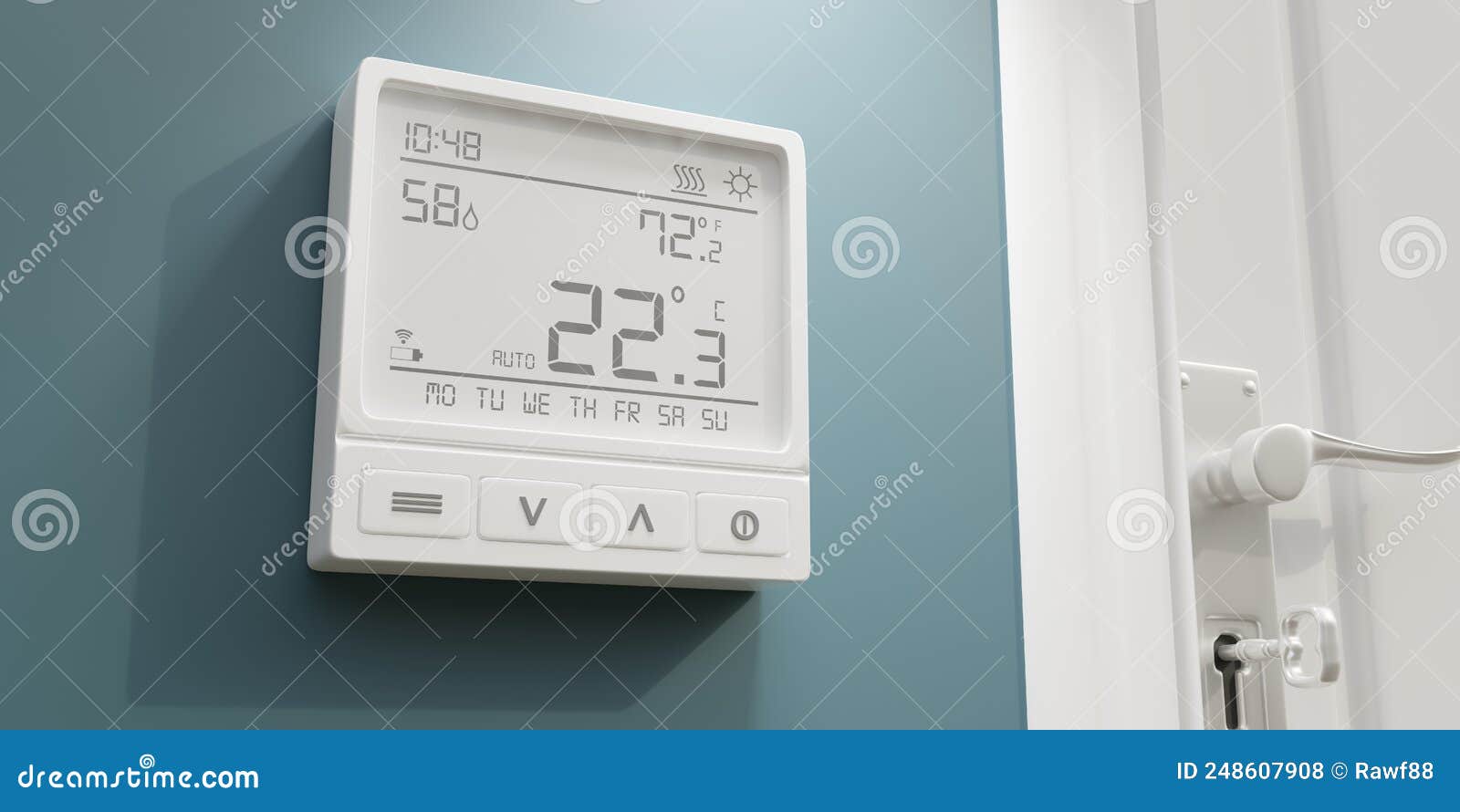 Digital Thermostat on Blue Wall. Home Heating Temperature Control ...