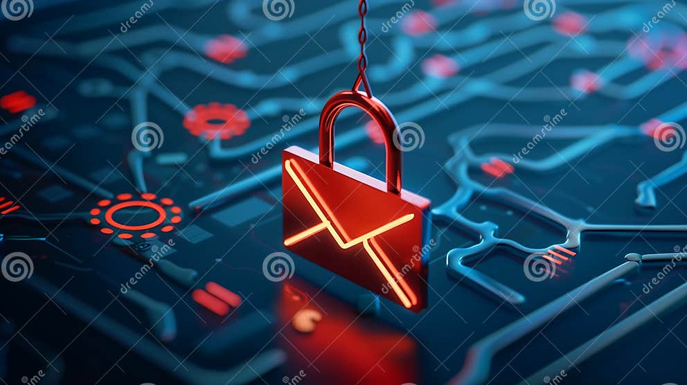 Digital Threat Abstract with Red Phishing Hook and Corrupted Email Icon ...