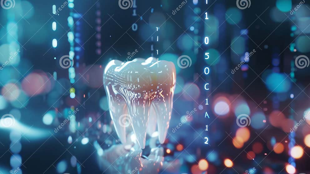 Digital Tooth Surrounded by Abstract Binary Code and Lights Stock Photo ...