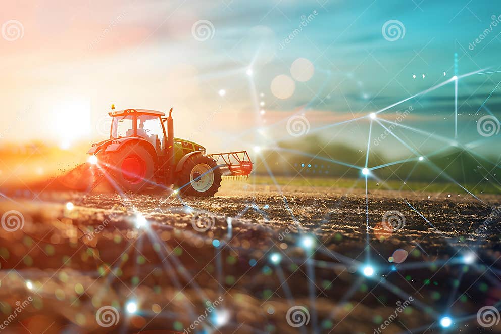 Digital Tractor Plowing Field with Network Connections Stock ...