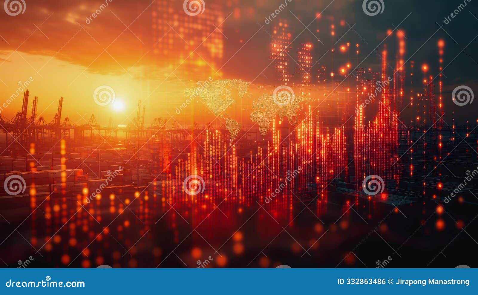 Digital Trade Interface with Data Streams, Maps, and a Port Scene ...