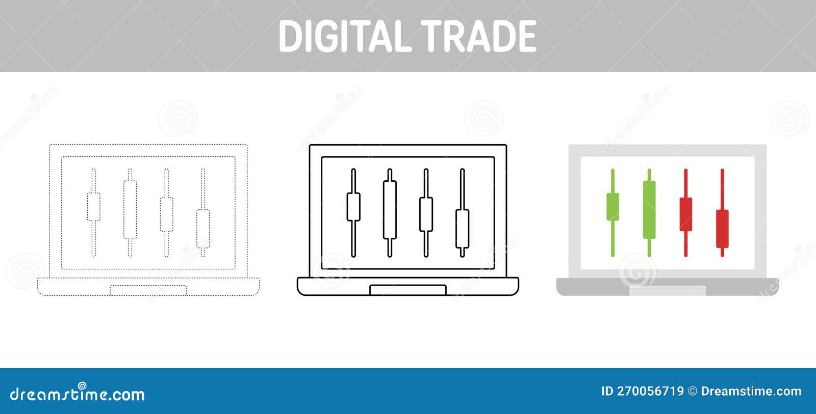 Digital Trade Tracing And Coloring Worksheet For Kids Cartoon Vector ...