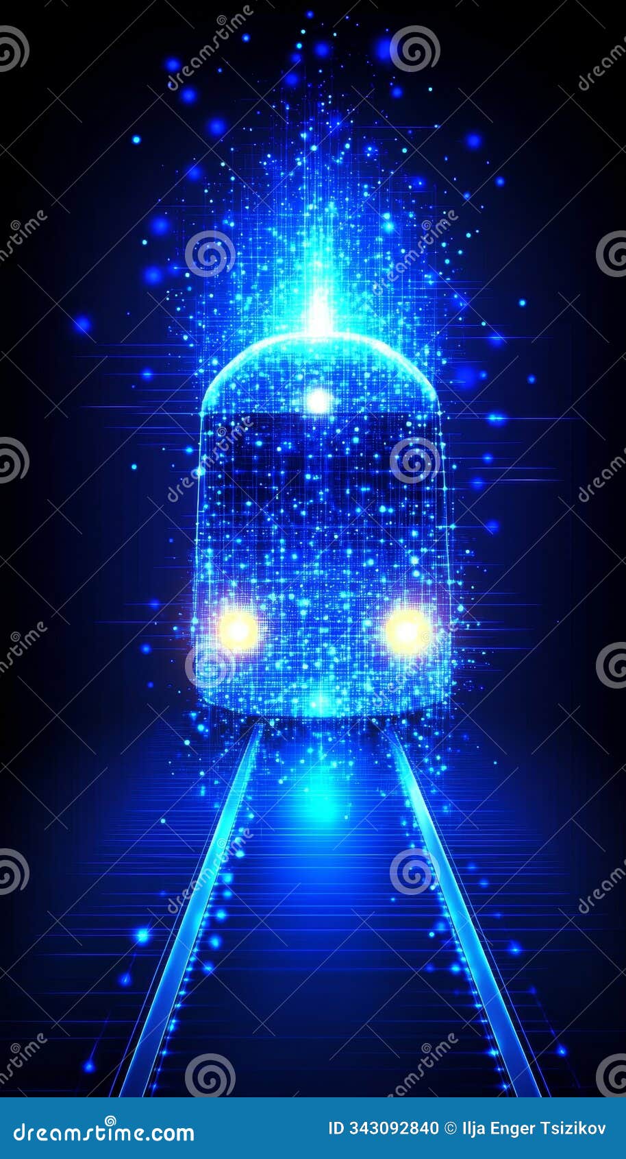 Digital Train on Blue Technology Background, Abstract Light Rail Icon ...