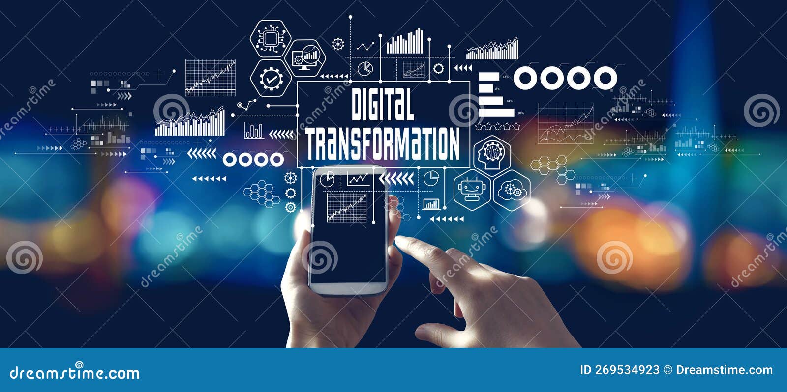 Digital Transformation Concept with Person Using a Smartphone at Night ...