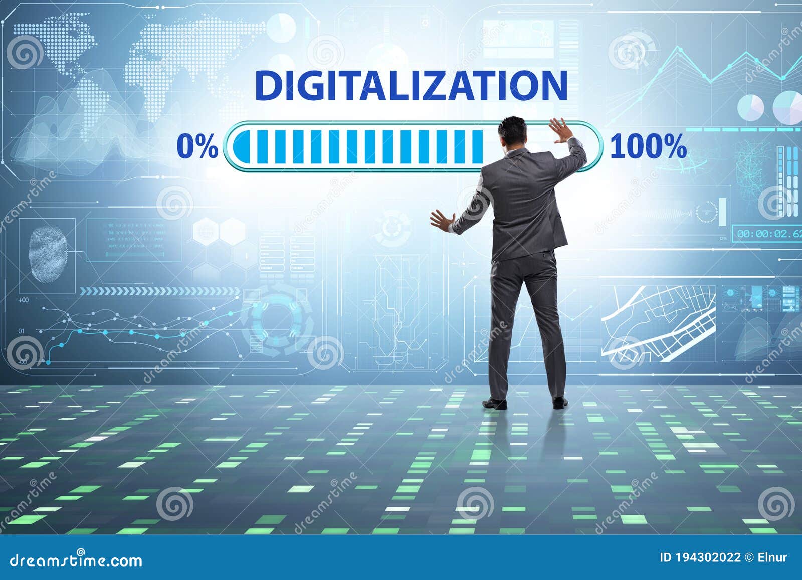 Digitalization Concept. Human Finger Turns On Hologram Innovation ...