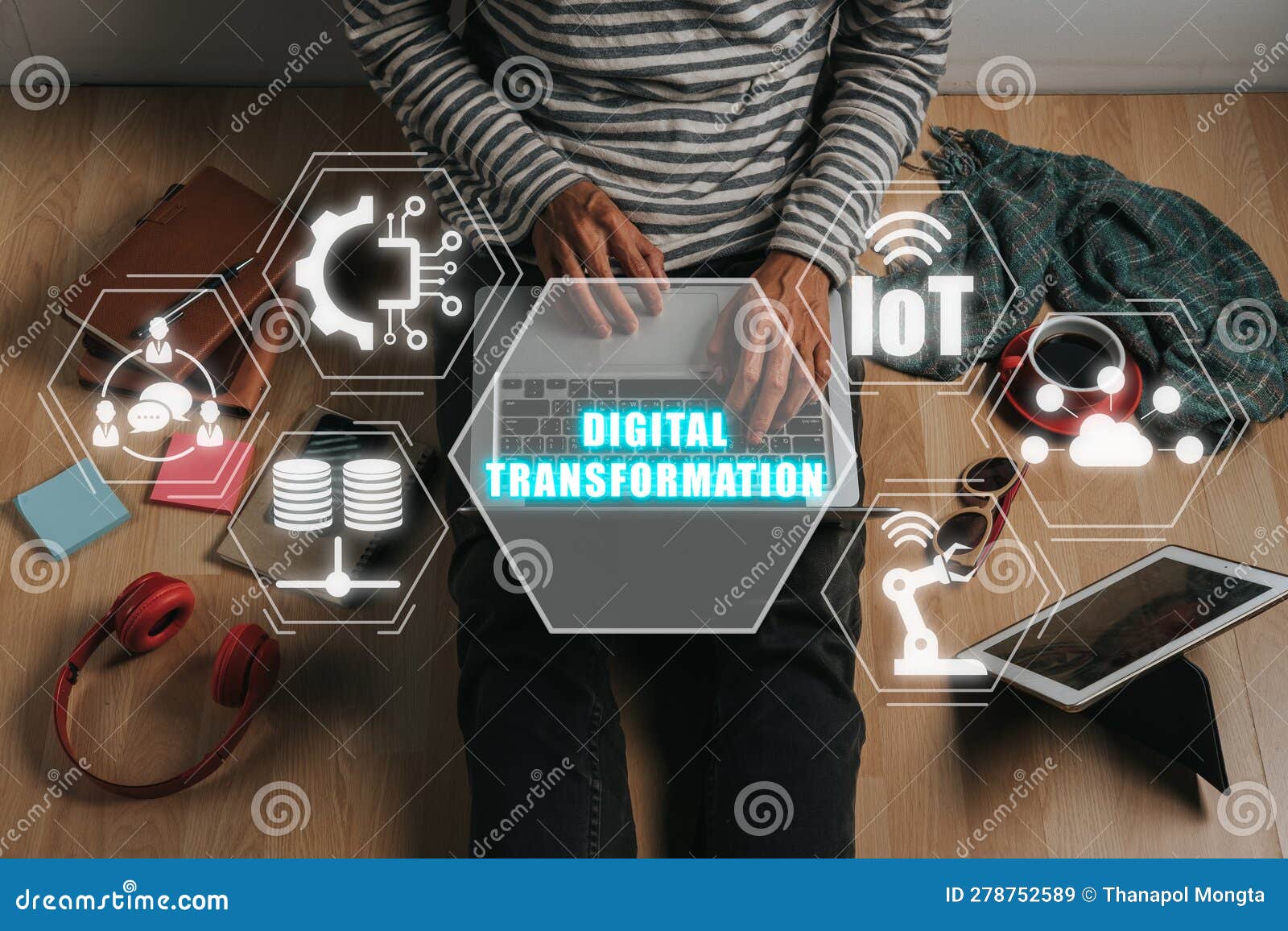 Young Businessman Working on Laptop Computer with Virtual Screen Stock ...