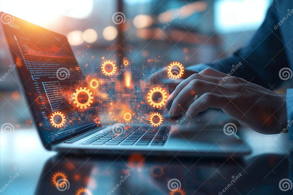 Digital Transformation with Gears and Data Visualization on Laptop ...