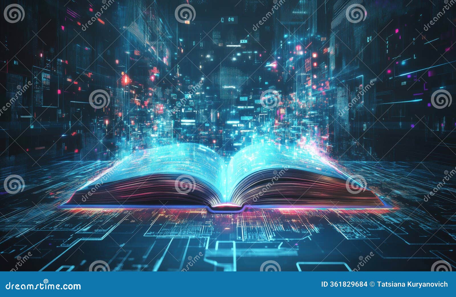 Digital Transformation of Knowledge Illustrated by Glowing Open Book in ...