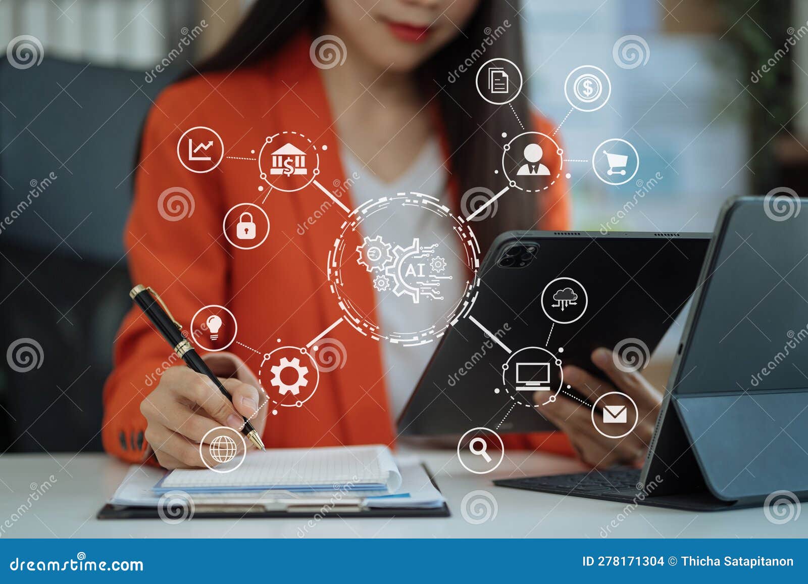 Digital Transformation Technology Strategy, Woman Using Laptop, Tablet ...