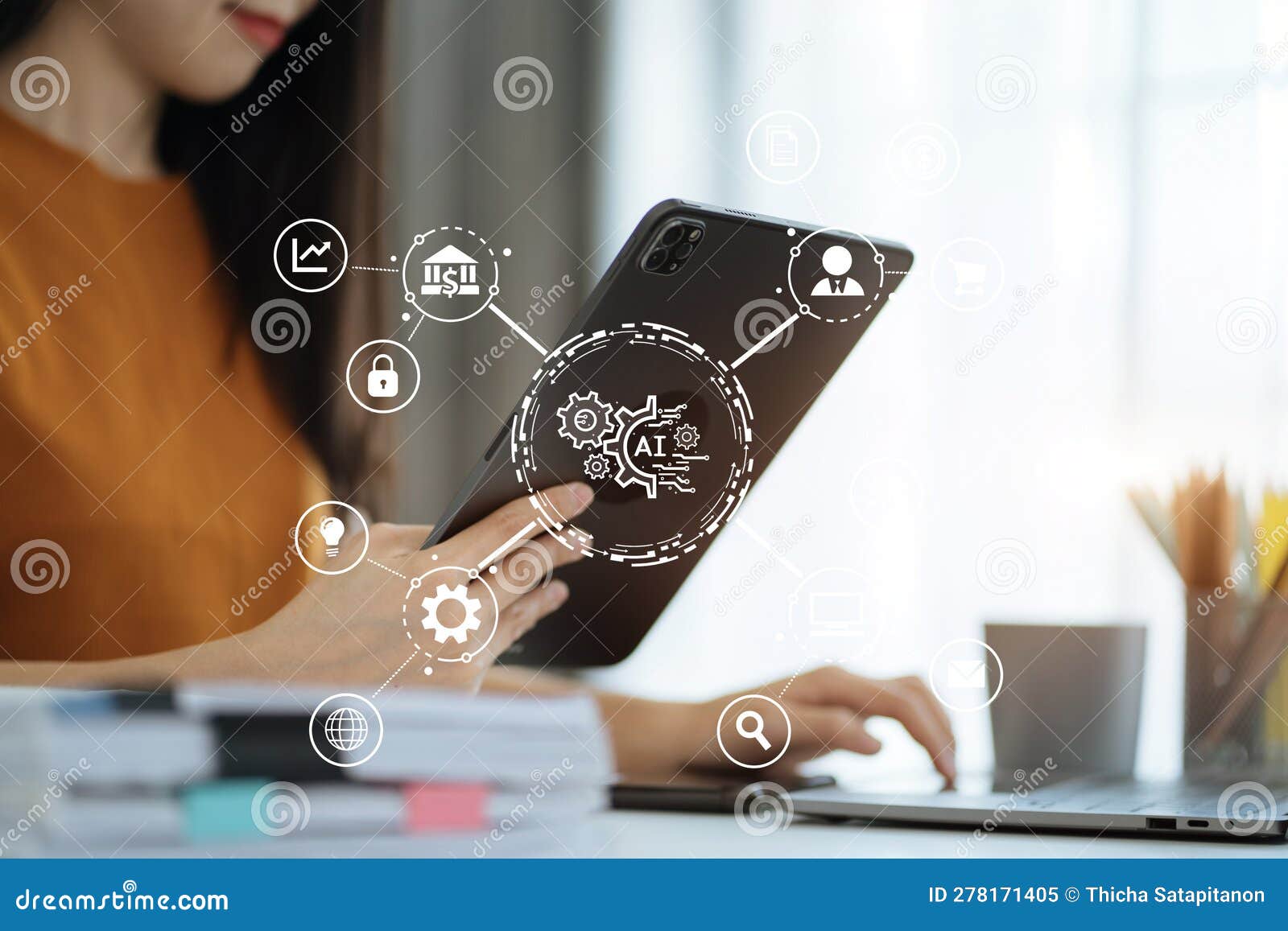 Digital Transformation Technology Strategy, Woman Using Laptop, Tablet ...