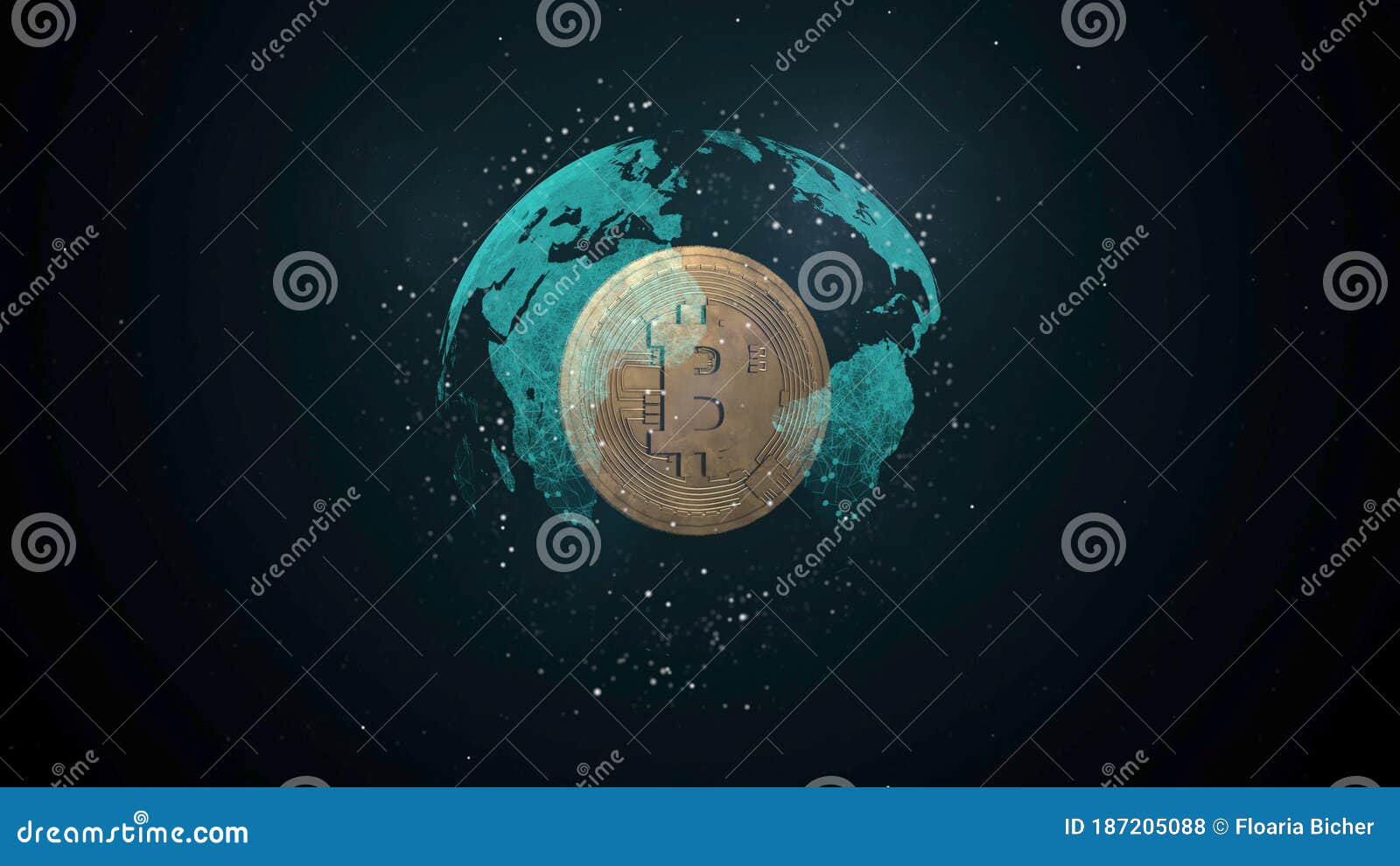 Digital Transparent Globe with Bitcoin Coin Inside Over Dark Space ...
