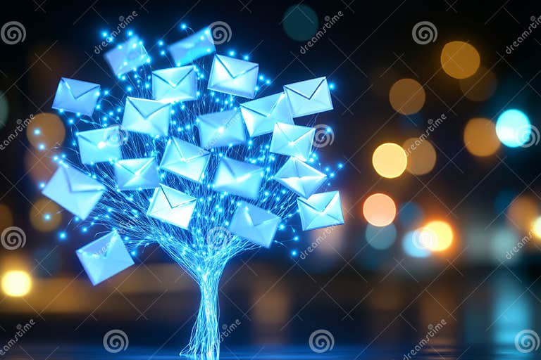 A Digital Tree with Glowing Branches and Golden Envelopes, Symbolizing ...