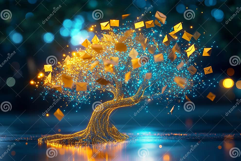 A Digital Tree with Glowing Branches and Golden Envelopes, Symbolizing ...