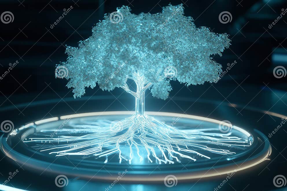 Digital Tree with Glowing Branches and Roots. Technology and Growth ...