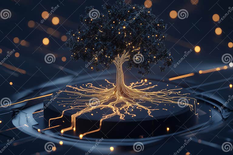 Digital Tree with Glowing Branches and Roots. Technology and Growth ...