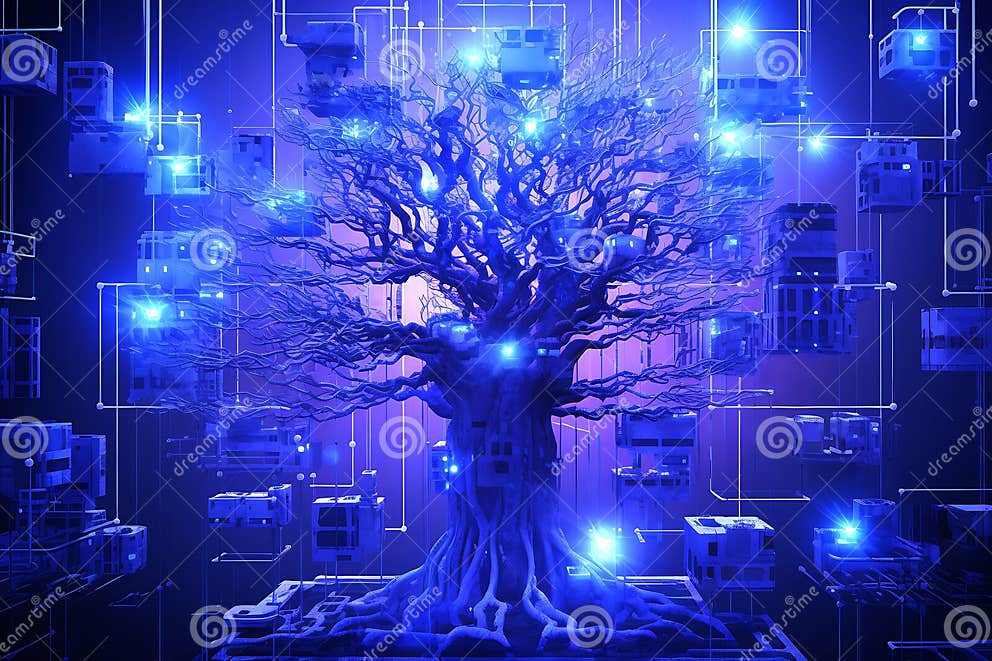 Digital Tree with Glowing Connection Lines in Branches. Technology ...