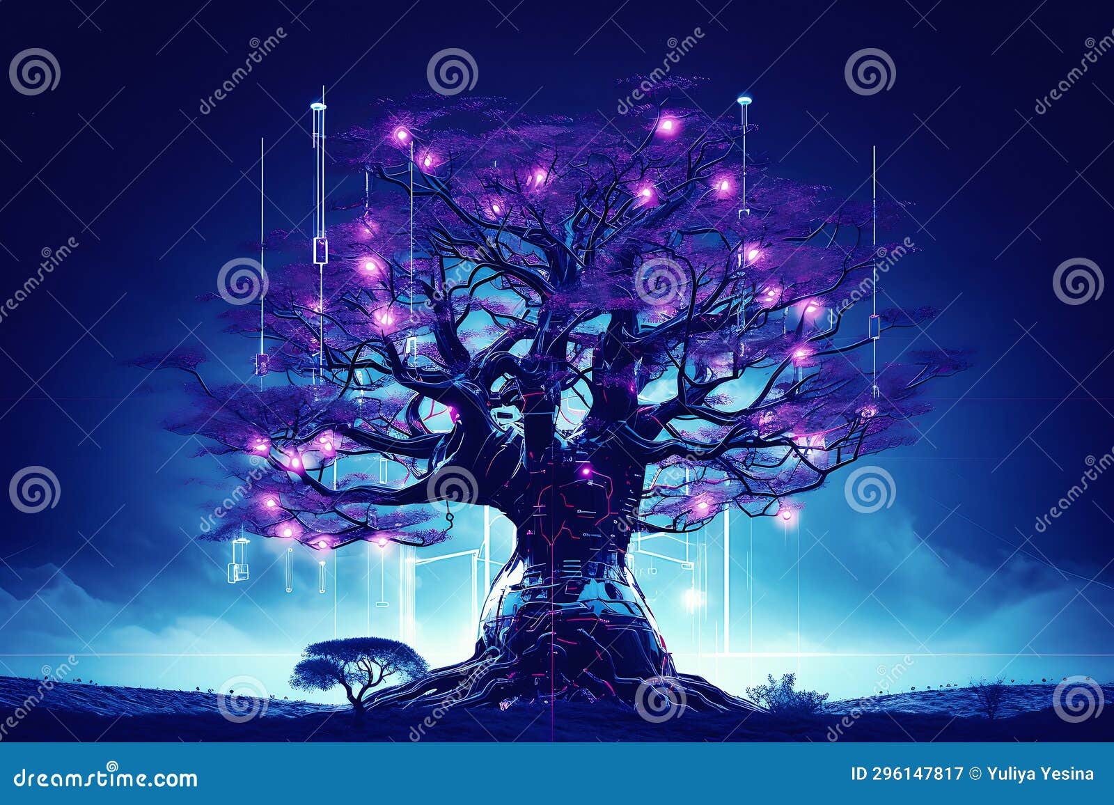 Digital Tree with Glowing Connection Lines in Branches. Technology ...