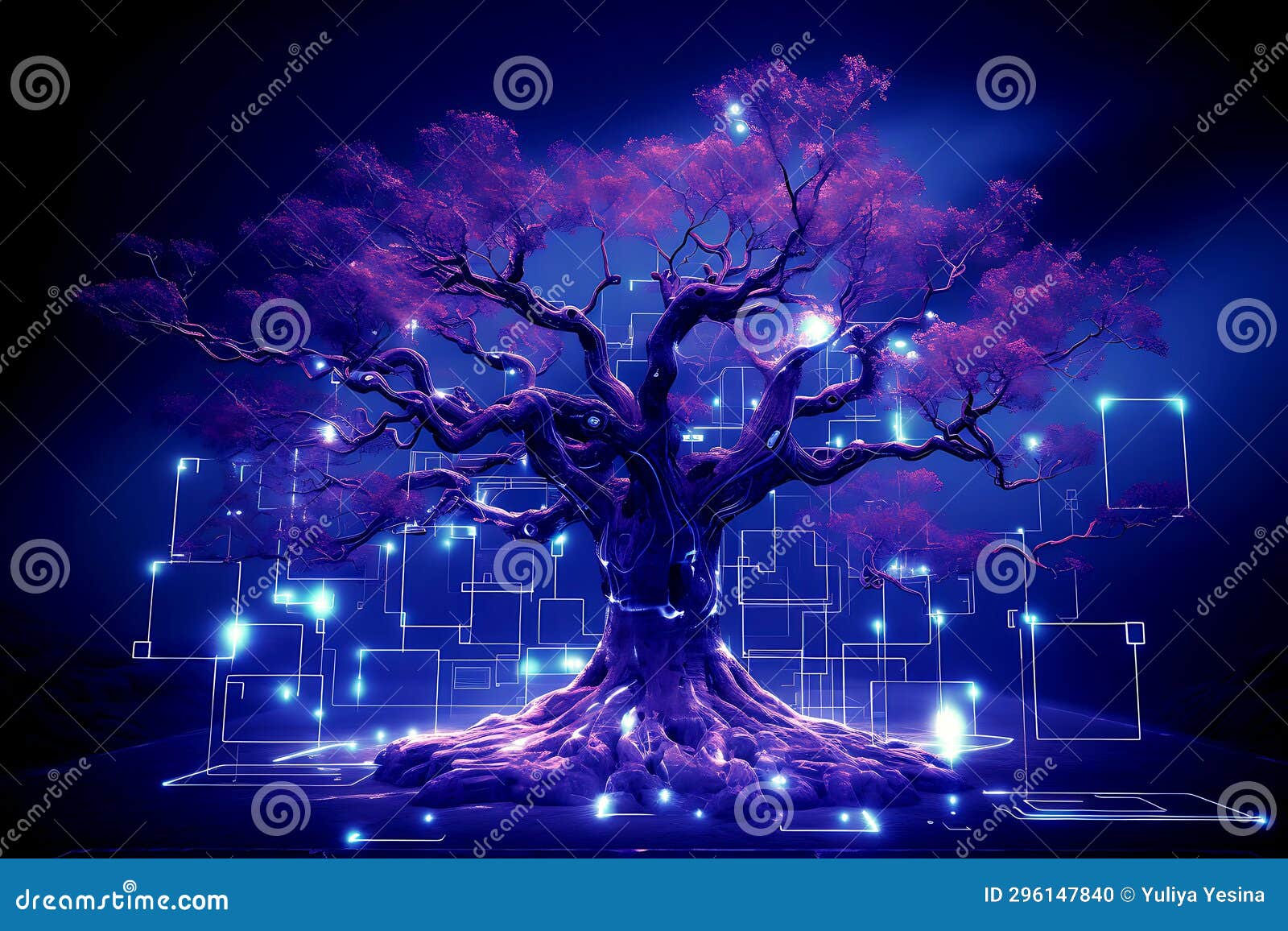 Digital Tree with Glowing Connection Lines in Branches. Technology ...
