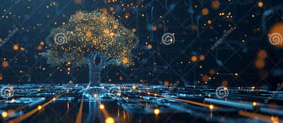 Digital Tree with Glowing Nodes and Connections on Blue Background ...