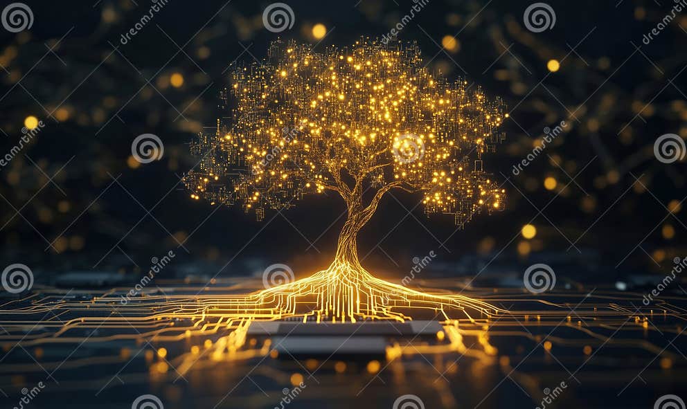Digital Tree with Glowing Roots and Branches, Symbolizing Technology ...
