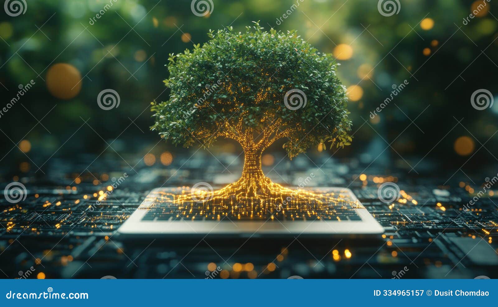 A Digital Tree Grows from Laptop, Symbolizing Fusion of Nature and ...