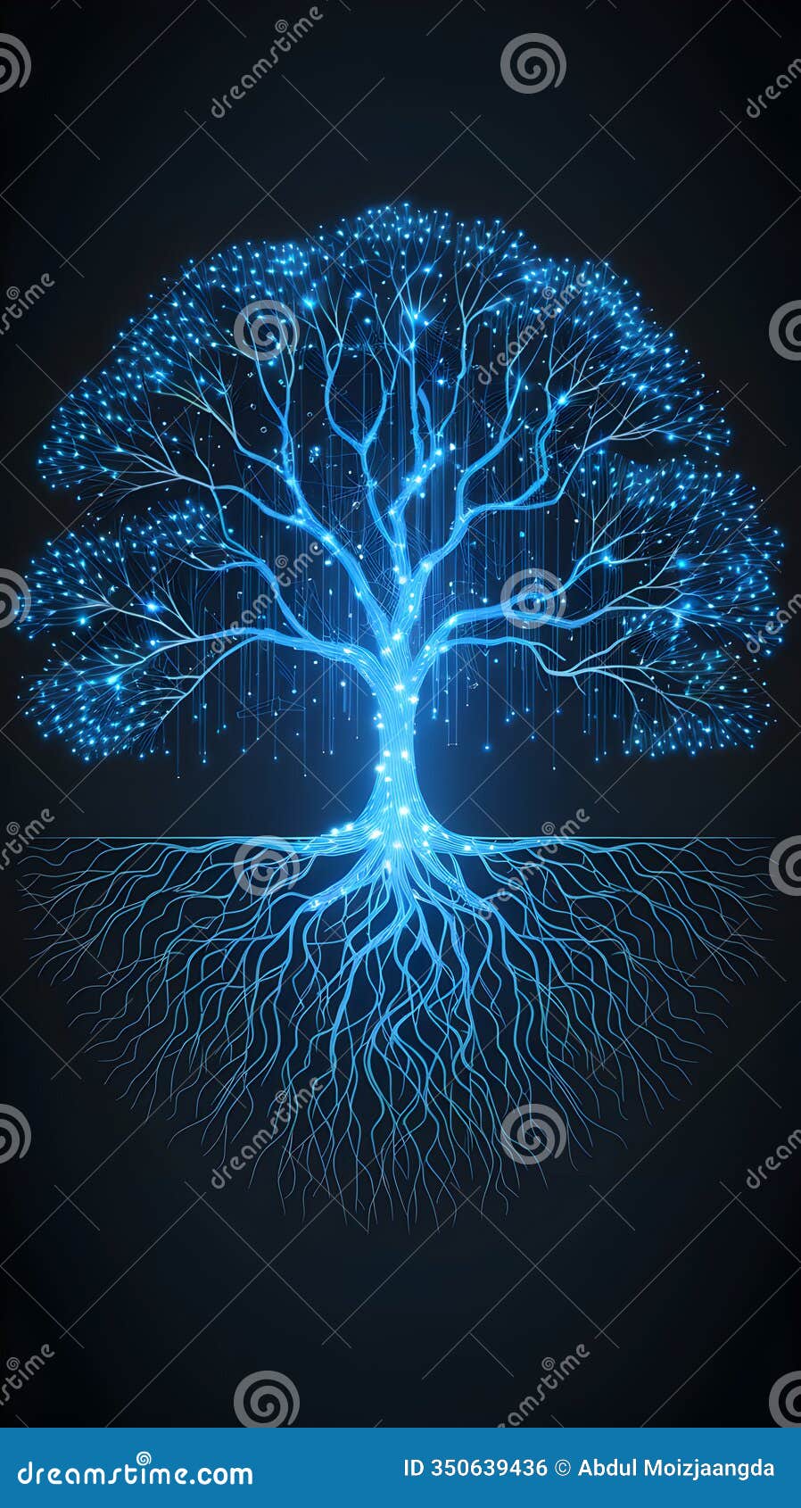 Digital Tree of Points and Lines, Blue Roots Extend into Darkness Stock ...