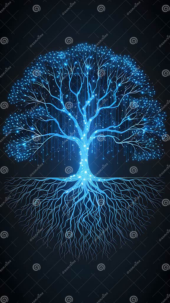 Digital Tree of Points and Lines, Blue Roots Extend into Darkness Stock ...