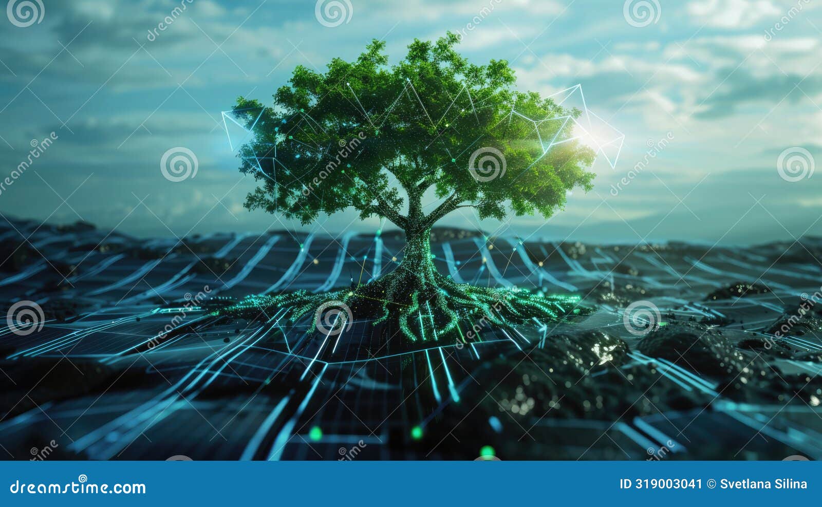 Digital Tree with Solar Panel Leaves and CO2 Storage Roots, Visualizing ...