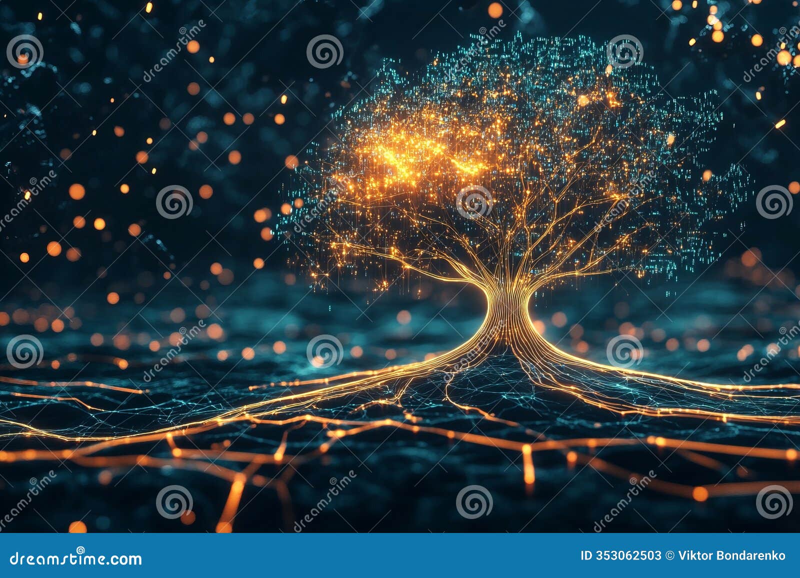 Digital Tree Whose Branches Consist of Glowing Lines and Data Holograms ...