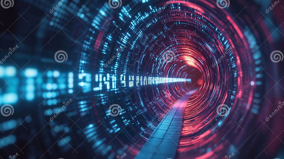 A Digital Tunnel Composed of Spiraling Binary Code with a Glowing Path Stock Illustration ...