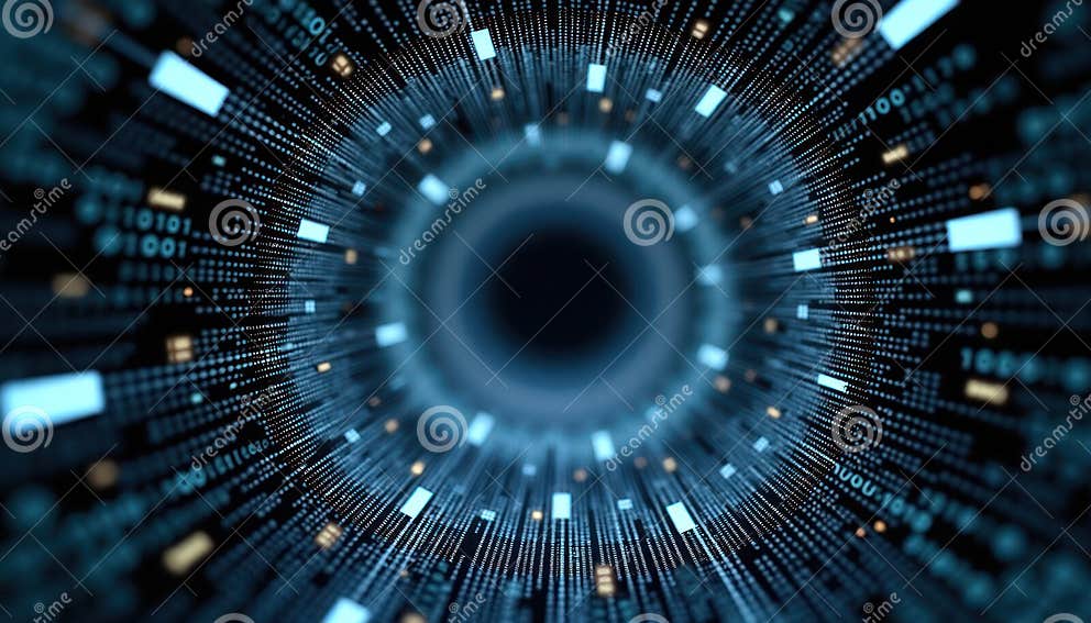 Digital Tunnel Graphic Displays Fast Data Transmission. Binary Code Flows through Cyberspace ...