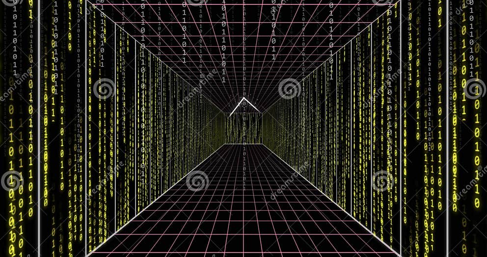 Digital Tunnel with Green Binary Code and Grid Lines, Image of Data Flow Stock Illustration ...