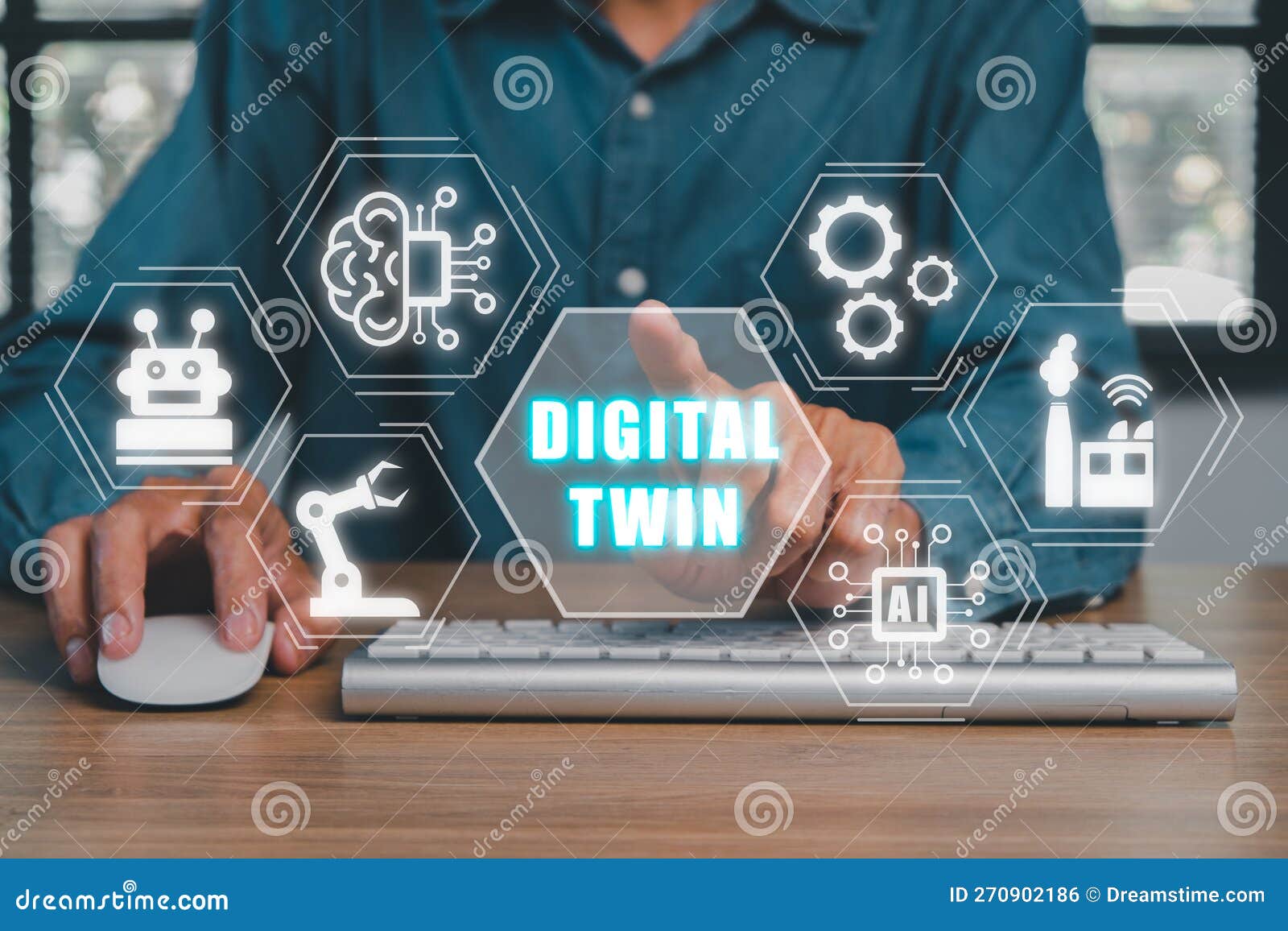 Businessman Using Computer with Digital Twin Icon on Virtual Screen ...