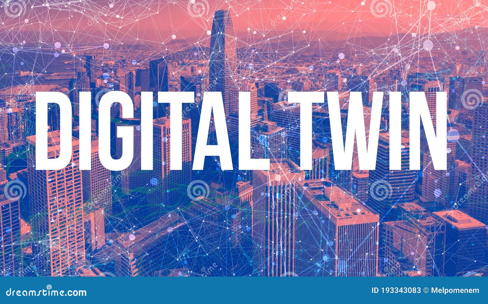 Digital Twin Theme with Abstract Network Patterns and Skyscrapers Stock ...