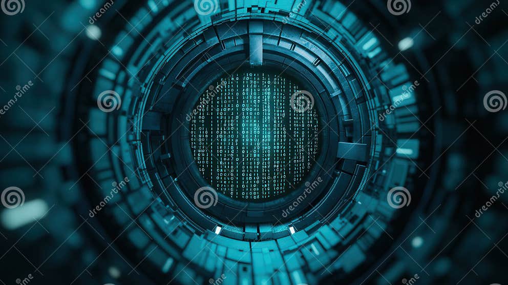 Digital Vault Surrounded by Intricate Mechanisms with Glowing Binary Code, Representing ...