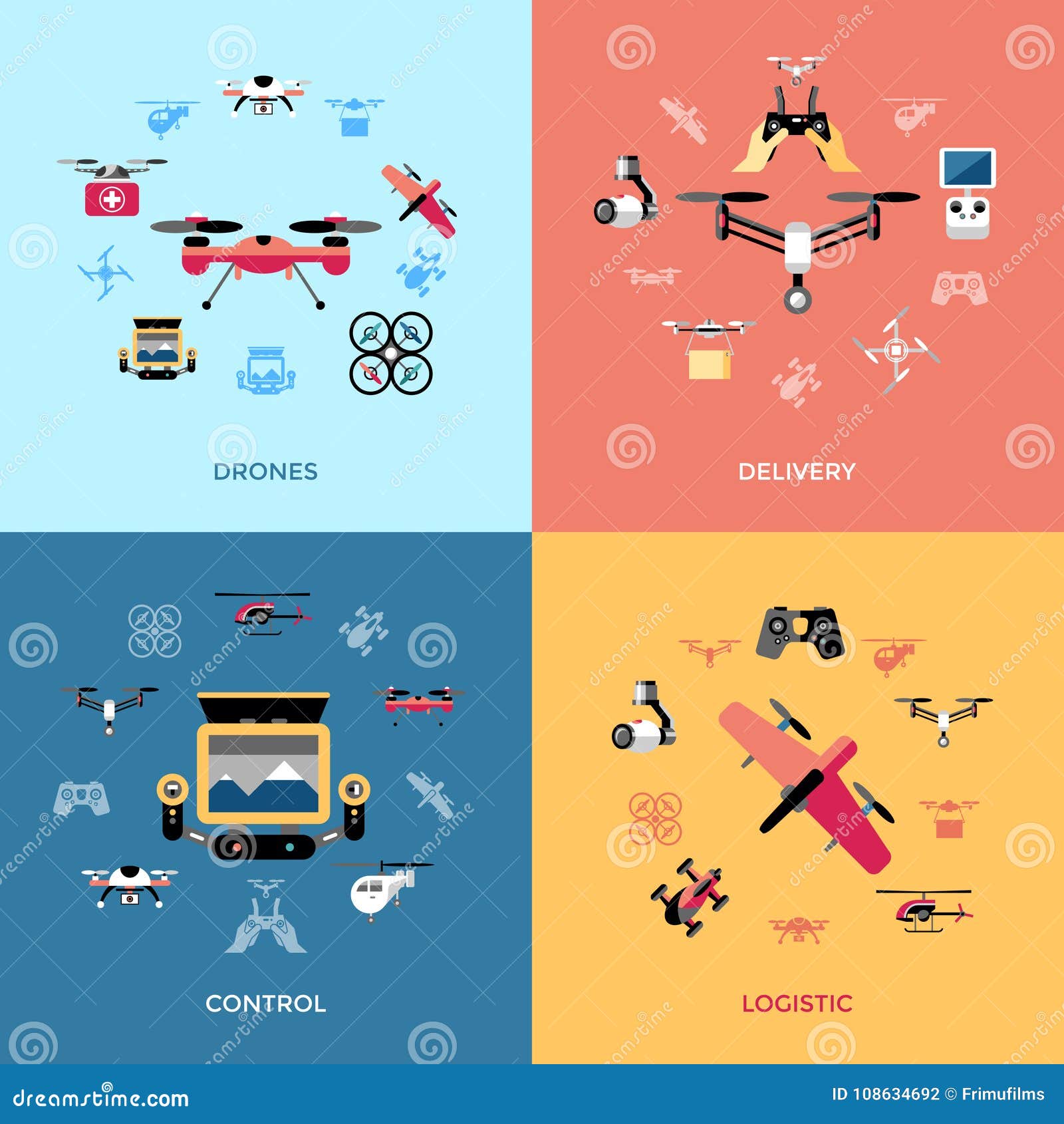 Digital Vector Flying Drone Objects Color Stock Illustration ...