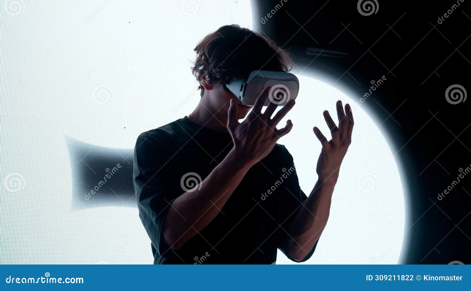 Man Silhouette in Virtual Reality Glasses Standing in Front of Digital ...