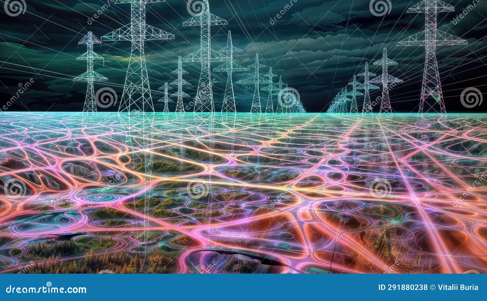 Digital Visualization of Electrical Waves and Power Lines, Generative ...