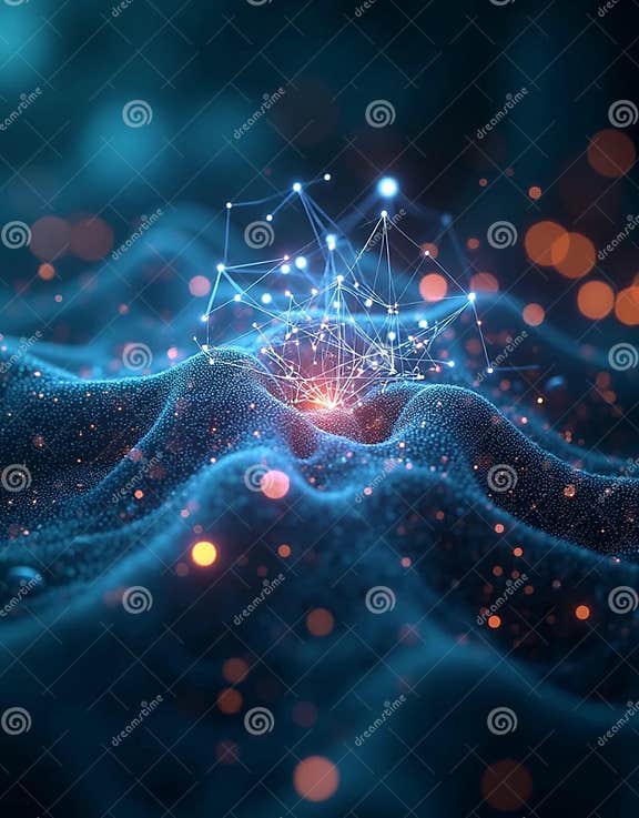 Digital Visualization With A Network Of Nodes Connecting Via Glowing Lines Resembling A Neural