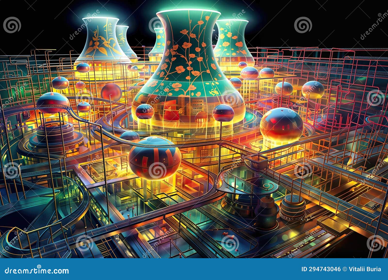 Digital Visualization of a Nuclear Plant Amid the Glow of a Bustling ...