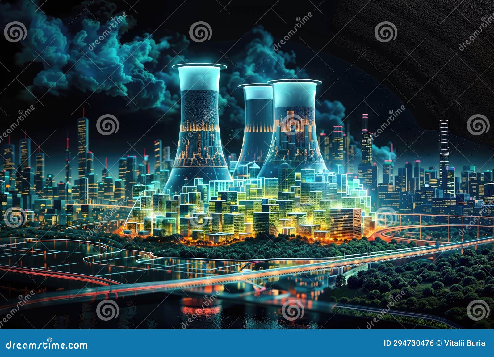 Digital Visualization: Nuclear Power Plant with City Lights in the ...