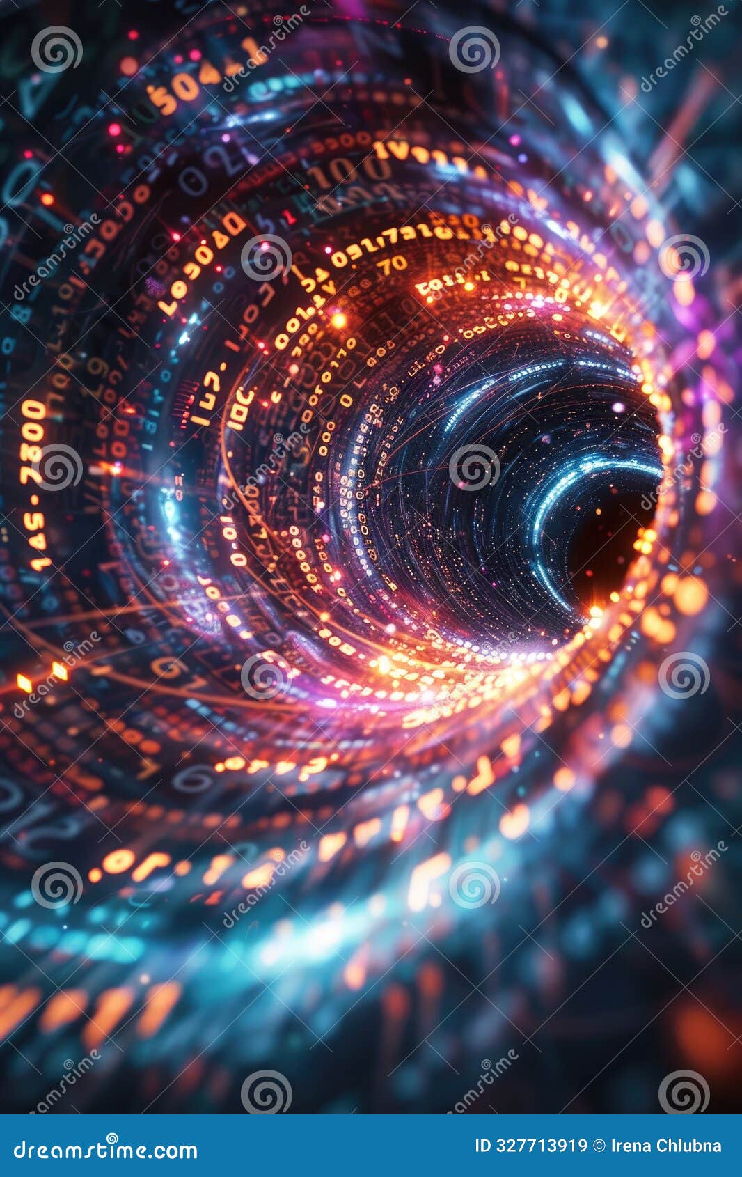 Digital Vortex Tunnel Filled with Glowing Numbers and Light Streaks ...