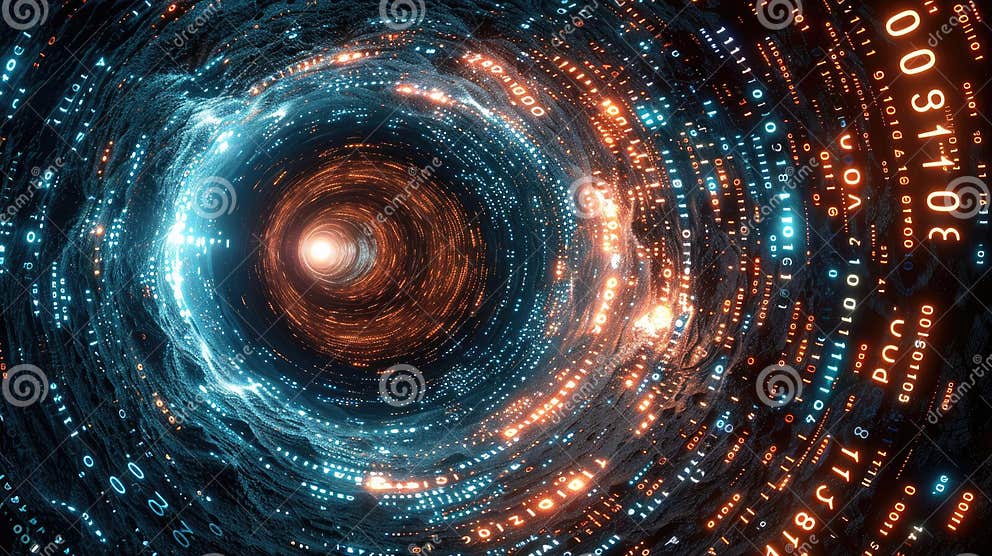 Digital Vortex Tunnel Filled with Glowing Numbers and Light Streaks ...