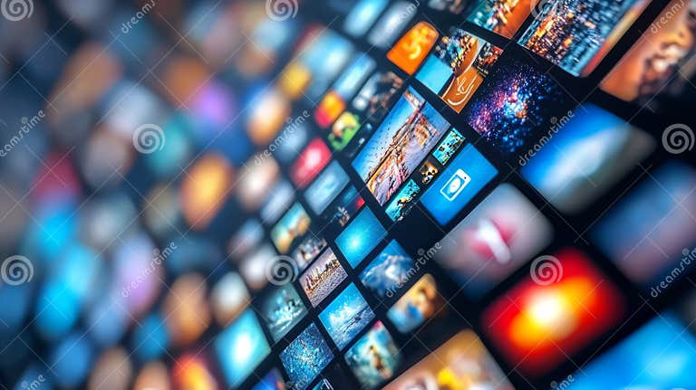 Digital Wall with Glowing Image Thumbnails, Visual Content, Multimedia ...