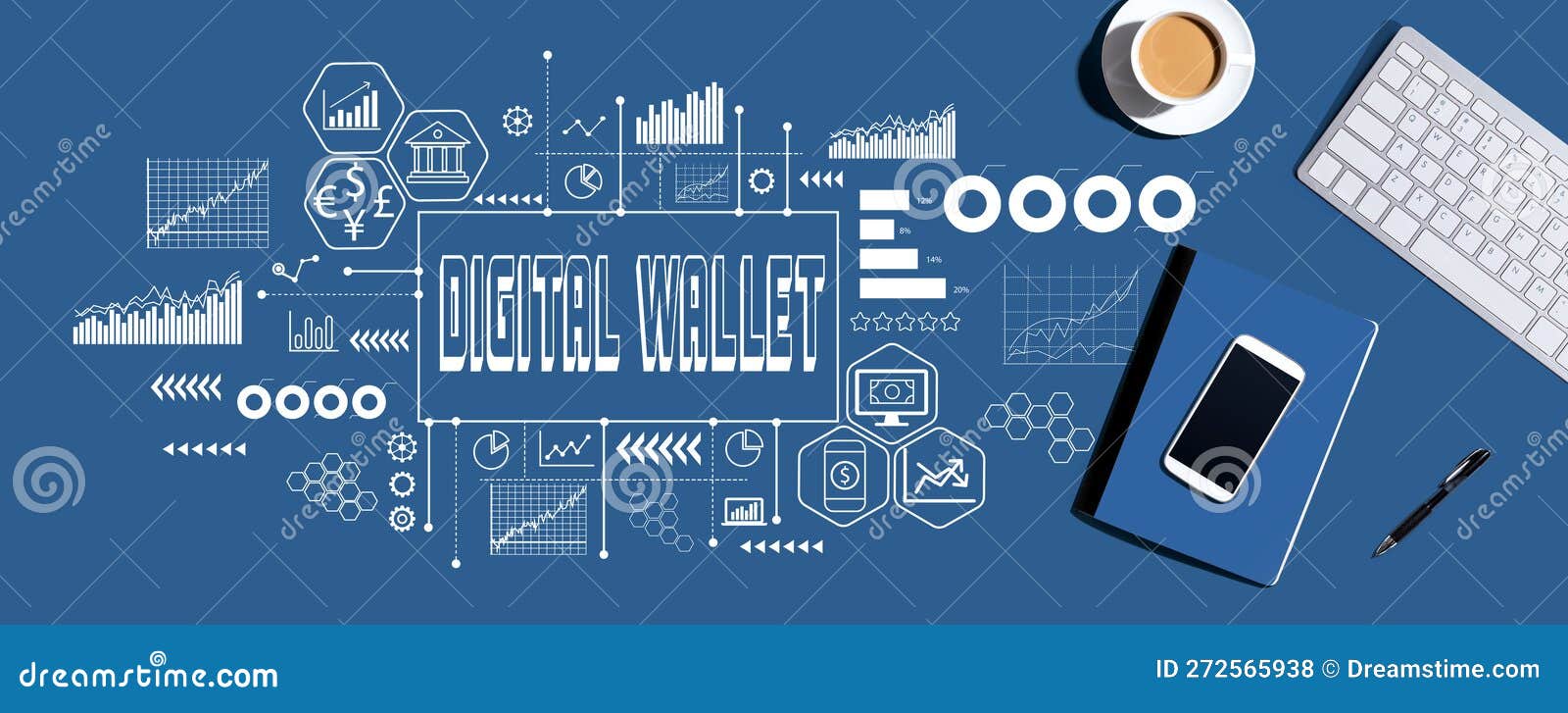 Digital Wallet Theme with Computer Keyboard and Office Items Stock ...