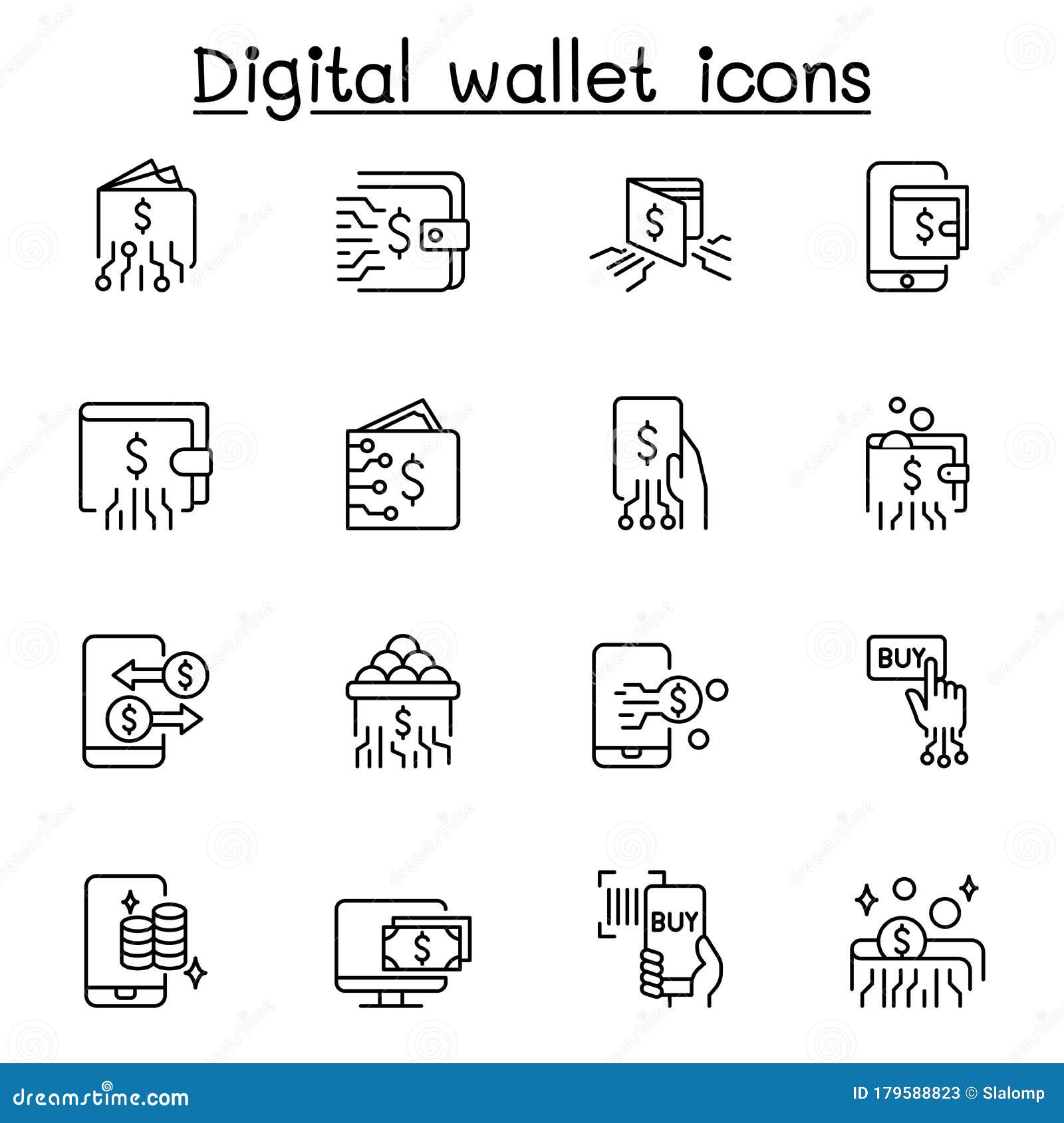 Digital Wallets Icon Set in Thin Line Style Stock Vector - Illustration ...
