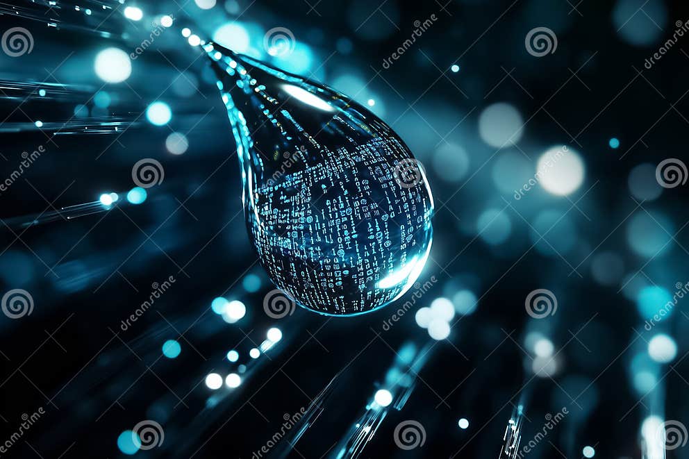 A Digital Water Droplet Reflects Binary Code while Suspended in a Colorful Bokeh Setting. the ...